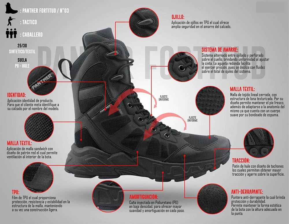 Botas Tácticas Policial Militar Panther con suela Antiderrapante y Cie ...